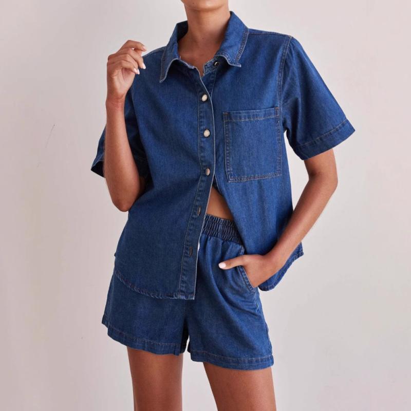 シャツ レディース 半袖 短パン デニム セットアップ 水洗い ウォッシュ加工 レトロ 古着風 トップス パンツ 上下セット 春夏