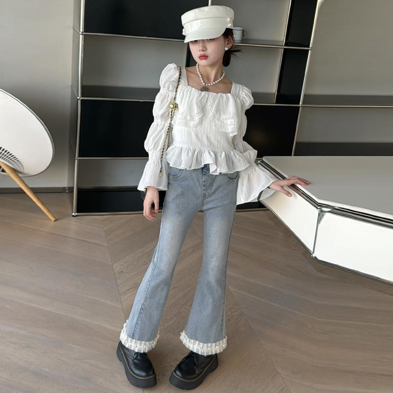 シャツ ガールズ 子供 花柄レース デニムラッパ ズボン セットアップ 秋 女の子 かわいい スイート プリンセス