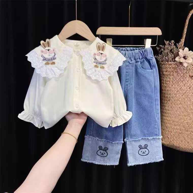 セットアップ キッズ 子供服 春秋 デニム ワイドパンツ カートゥーン ウサギ アップリケ シャツ 2点 上下セット