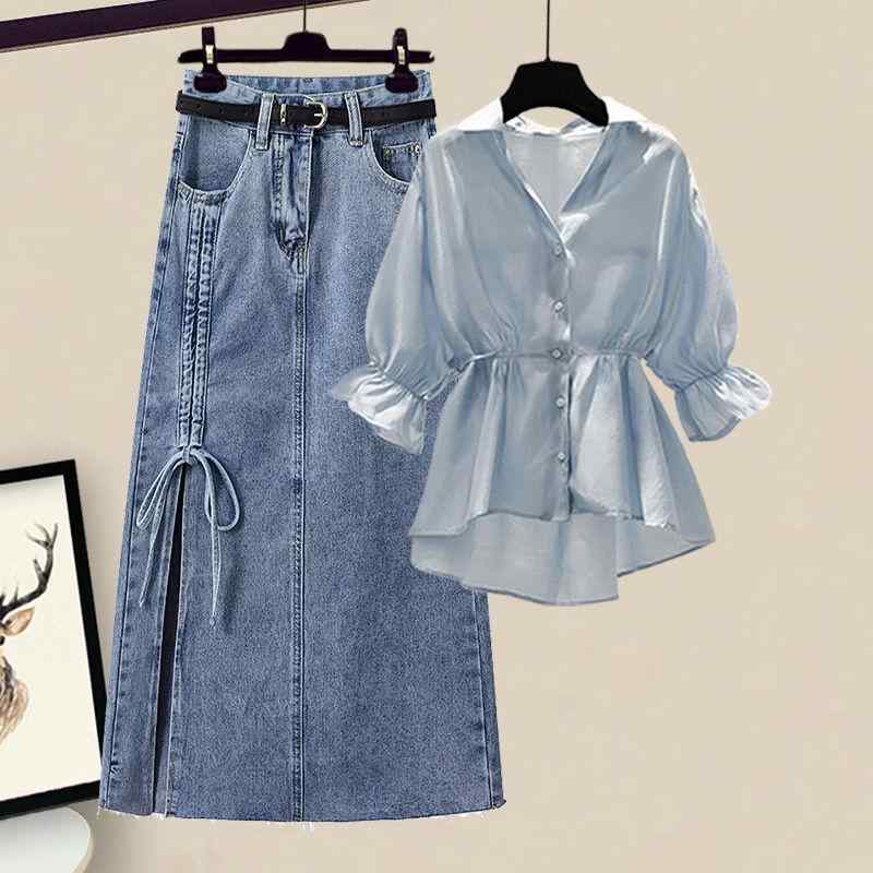 セットアップ レディース 大きいサイズ シャツ デニムスカート 2点セット ゆったり 着痩せ ウエストマーク 薄手 普段使い お出かけ 春夏