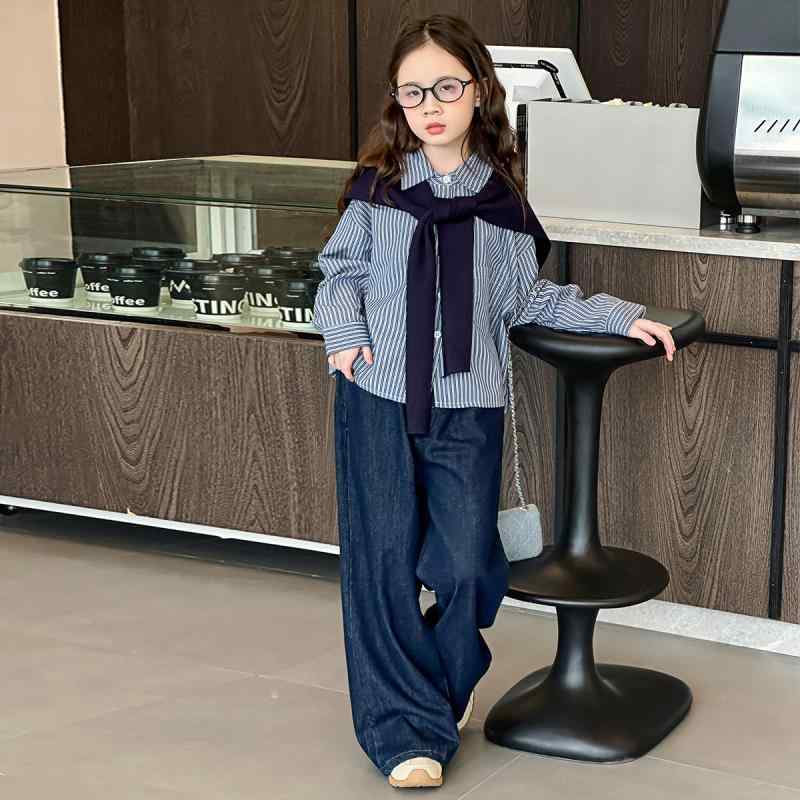 子供服 女の子 ストライプシャツ デニム ワイドパンツ 3点セット 韓国 かわいい おしゃれ着・スタイル: 韓国版・セット内容: パンツセット・アイテム数: 3点・対象: 女の子・対象年齢: 中・高学年(8歳以上.140cm以上)・シーズン...