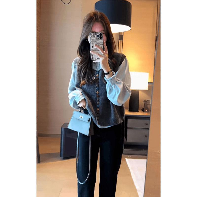 セットアップ レディース 年 秋冬 シャツ ニット ベスト デニムパンツ 3点セット フェミニン かわいい おしゃれ トップス ボトムス ジーンズ カットソー