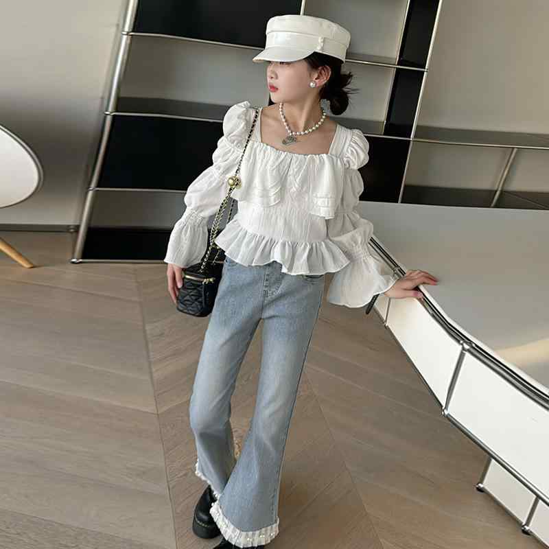 シャツ ガールズ デニム パンツ セットアップ 子供服 女の子 大学生 ガーリー スイート かわいい フリル トップス ベルボトム 2点セット