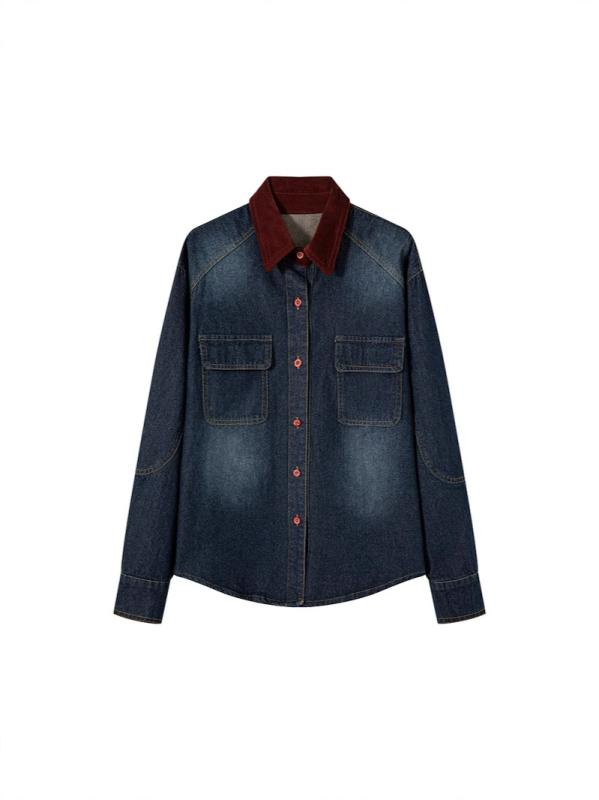 シャツ レディース 秋冬 長袖 厚手 デニム 裏起毛 レトロ 羽織り トップス ブラウス ウォッシュ加工 ヴィンテージ風 カジュアル