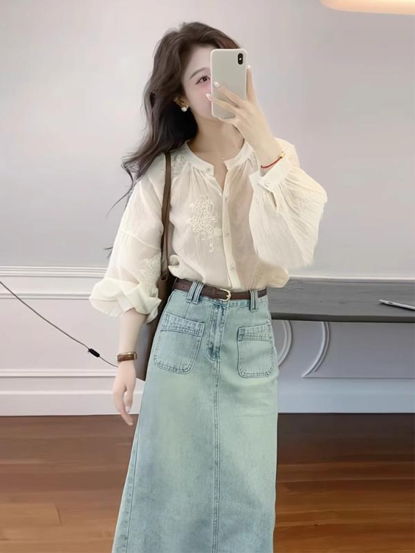 シャツ レディース 刺繡 トップス 薄手 デニムスカート セットアップ 接触冷感 ラウンドネック ブラウス Aライン 春夏 おしゃれ かわいい