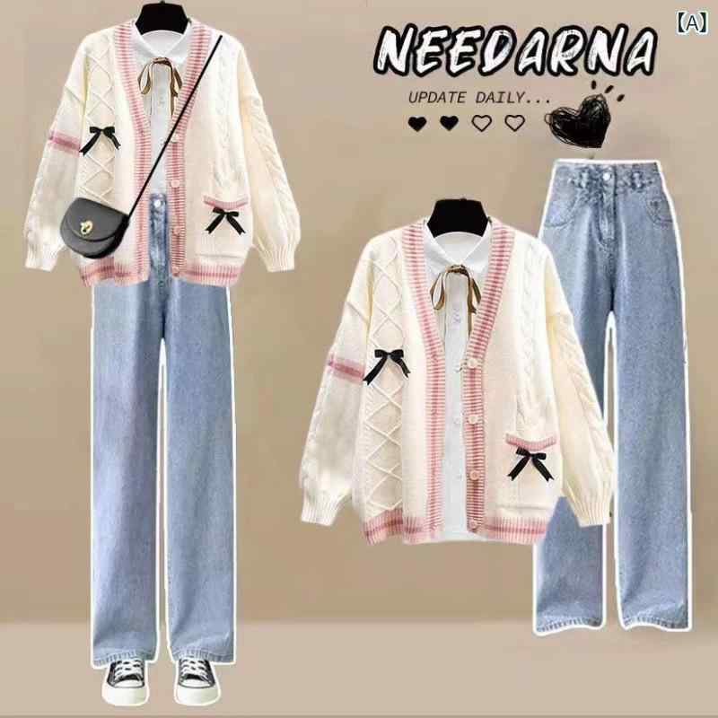 セットアップ レディース 春秋 韓国 ゆるかわ シャツ ニット カーディガン デニムパンツ 3点セット