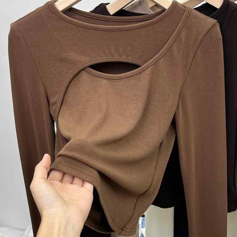 トップス レディース 秋冬 ショート丈 無地 長袖 Tシャツ インナー レース カットソー 綿 伸縮性