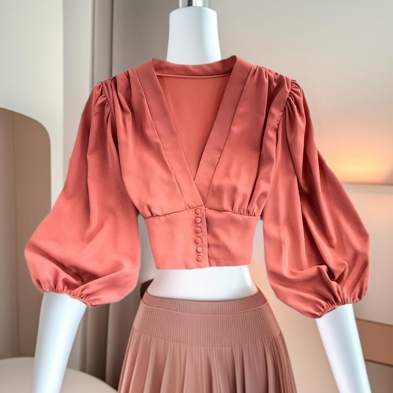 シャツ レディース Vネック ランタンスリーブ ウエストマーク トップス 韓国 淑女 ブラウス 短め丈 きれいめ フェミニン