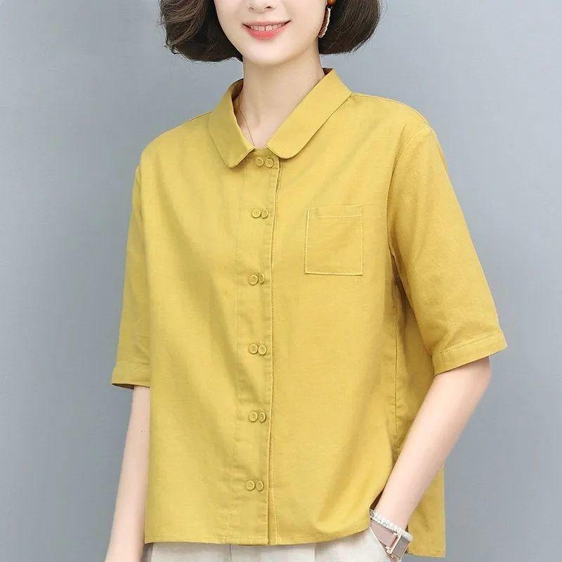 シャツ レディース 大きいサイズ 亜麻 リネン カジュアルシャツ ブラウス トップス 五分袖 ゆったり ミセス 40代 50代 接触冷感 吸湿速乾 普段使い