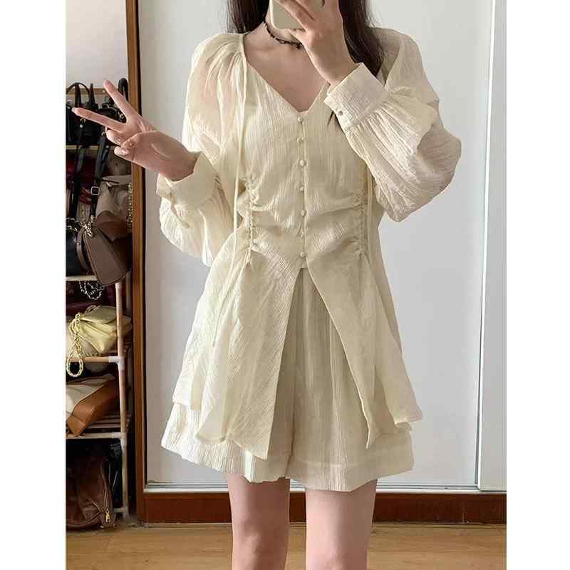 セットアップ レディース 亜麻 シャツ ブラウス トップス ワイドレッグ キュロットパンツ 2点セット 春夏 接触冷感 UVカット