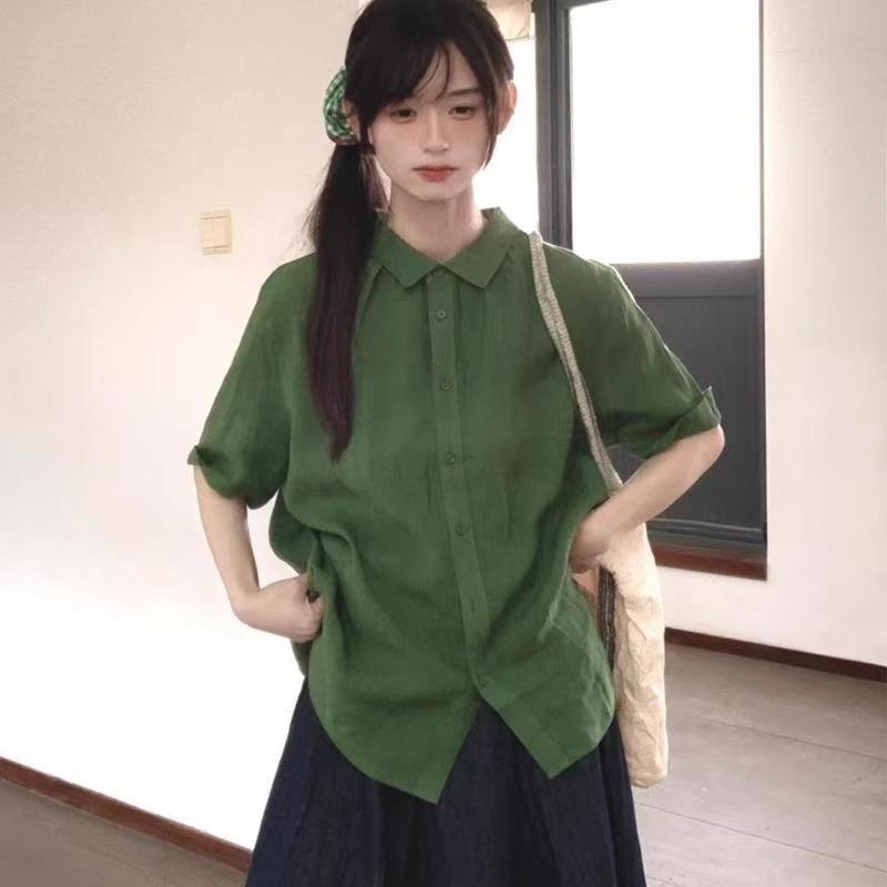 シャツ レディース 亜麻 リネン グリーン 半袖 薄手 接触冷感 涼しい ゆったり トップス ブラウス 春夏