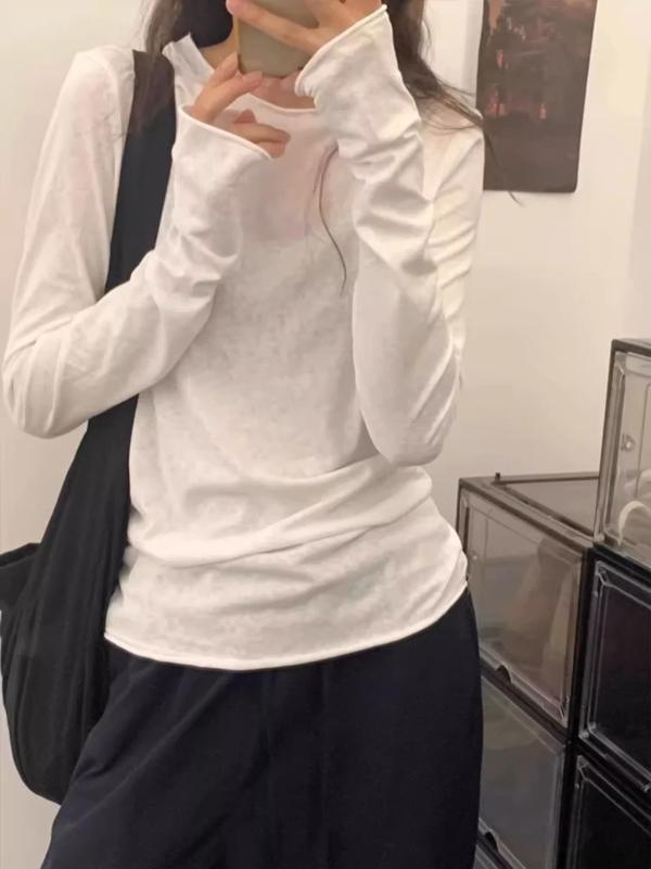 Tシャツ レディース 韓国 ロールアップ 白 オフショルダー 長袖 スリム 着痩せ インナー トップス カットソー デイリー 普段使い