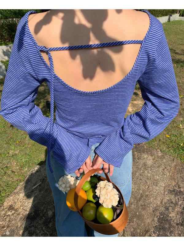 Tシャツ レディース 春夏 長袖 ストライプ トップス 肌見せ デザイン カットソー リボン 接触冷感