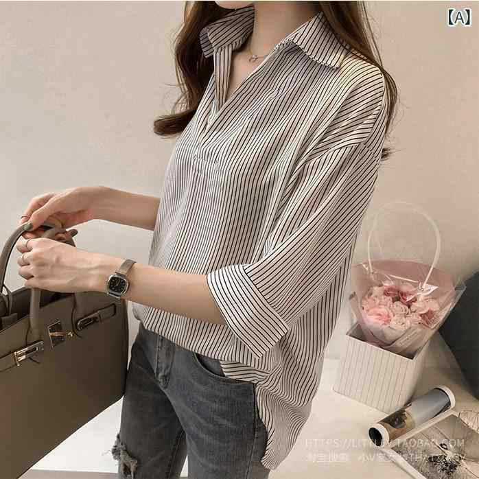 シャツ レディース 春夏 韓国 宽松 ストライプ柄 トップス 七分袖 ゆったり 普段使い
