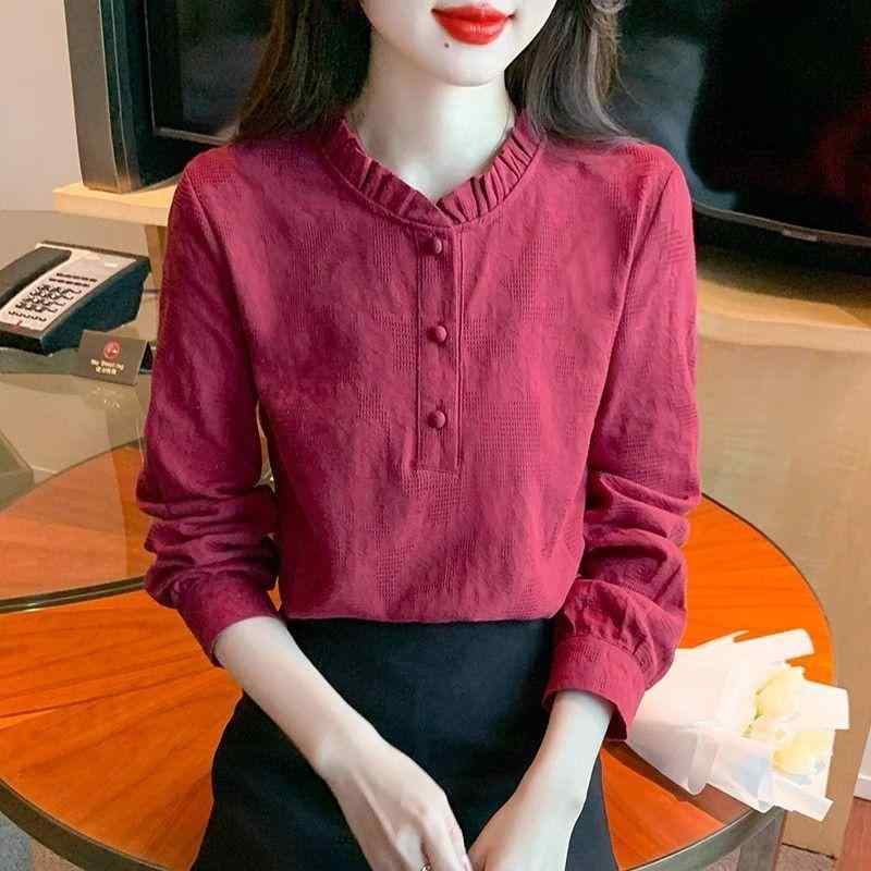 シャツ レディース 春物 長袖 提花 薄手 ブラウス トップス ゆったり 体型カバー きれいめ 通勤 オフィス カジュアル 上着・主な素材: 綿・袖丈: 長袖・柄: 無地・スタイル: 無地・ネックライン: ラウンドネック・袖のタイプ: レギ...