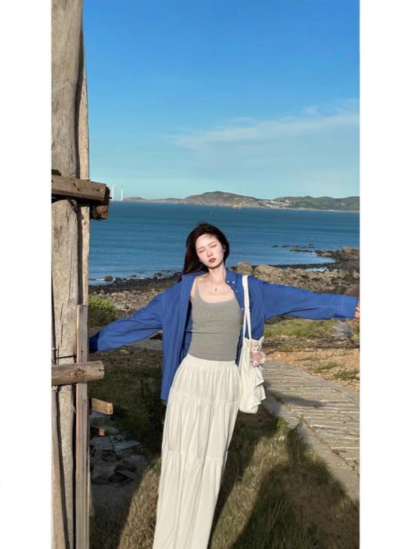 シャツ レディース ブルー ポロ襟 ブラウス アウター 接触冷感 伸縮性 ゆったり カジュアル 通勤 普段使い・主な素材: 涤纶（聚酯纤维）・スタイル: 开衫・袖丈: 长袖・版型: 宽松型・衣长: 中长款(65cm<衣长≤80cm)・...