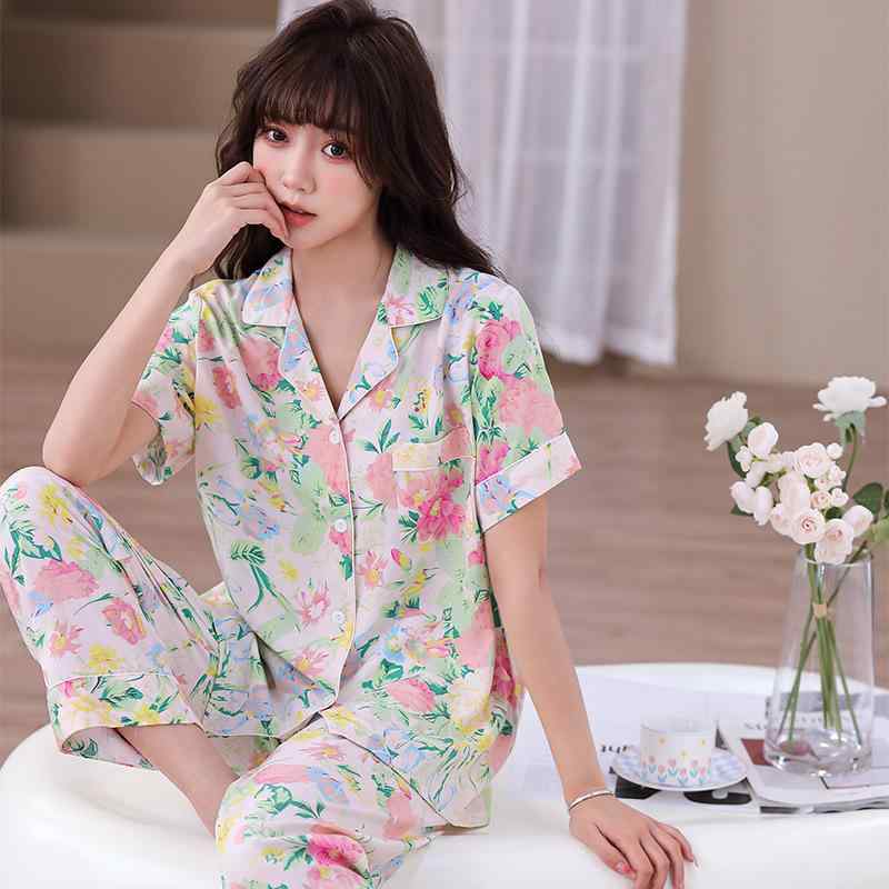 パジャマ レディース 春夏 半袖 長ズボン 上下セット 人棉 接触冷感 Vネック 韓国風 開襟 前開き ルームウェア 部屋着 かわいい