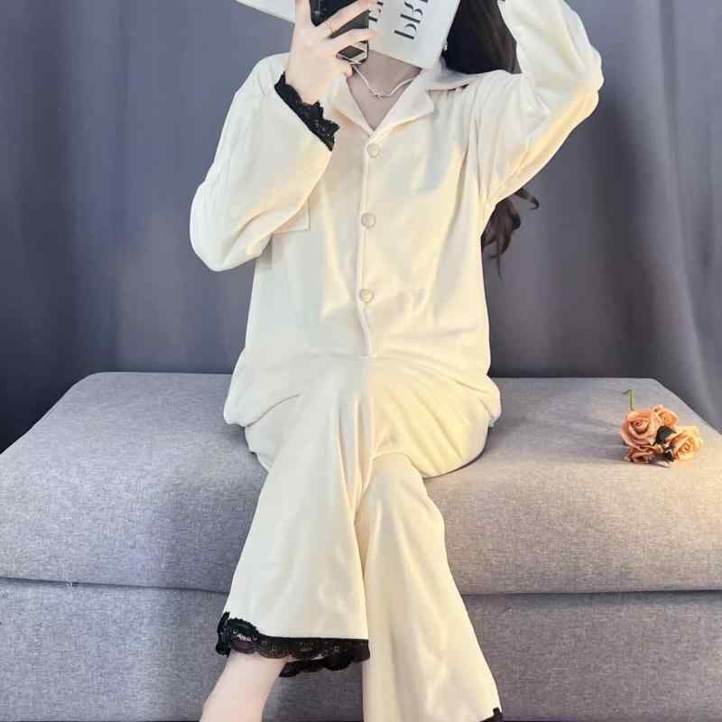 パジャマ レディース 長袖 秋冬 セットアップ 海島綿 法式 レース 花柄 襟付き 部屋着 ルームウェア リラックス 快適 かわいい 上下セット