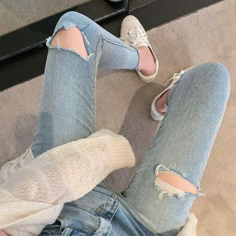 デニム レディース 小柄 スキニー パンツ ハイウエスト スリム ストレッチ クロップド 鉛筆 美脚 春夏・素材: 綿・スタイル: 鉛筆パンツ・パンツ丈: 9分丈・ウエスト: ハイウエスト・流行の要素: ダメージ加工、ウォッシュ加工、ボタン...