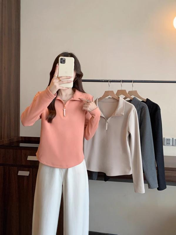 Tシャツ レディース 大きいサイズ 長袖 ハーフジップ ポロネック 秋冬 厚手 伸縮性 ストレッチ ゆったり 体型カバー 着痩せ 高見え カットソー トップス・スタイル: 通勤風・袖丈: 長袖・ネックライン: POLO領・袖型: 常規袖・カ...
