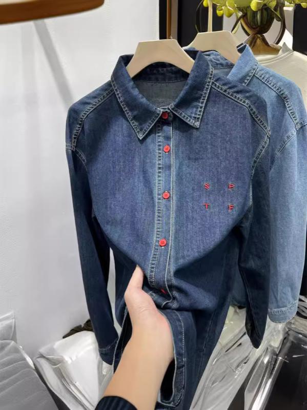 シャツ レディース 長袖 デニム トップス 刺繍 ゆったり 普段使い かわいい 春 長袖シャツ デニムシャツ ブラウス 刺しゅう