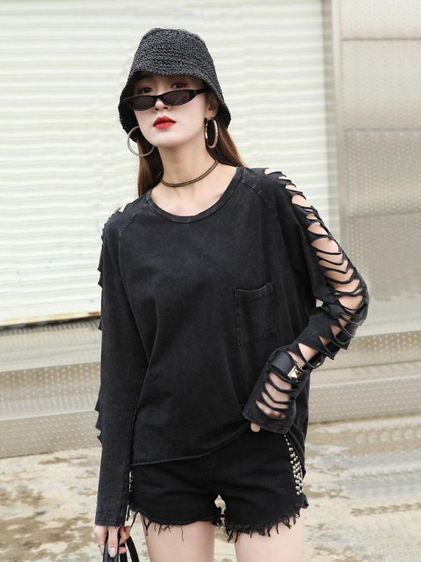 2Tシャツ レディース 長袖 ダメージ加工 ウォッシュド コットン 個性的 パンクスタイル 普段使い ロック