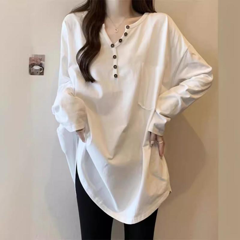 Tシャツ レディース 大きいサイズ Vネック 長袖 トップス カットソー ゆったり 体型カバー 着痩せ 春 白 ロンT インナー・主な素材: 綿・柄: 無地・スタイル: プルオーバー・袖丈: 長袖・版型: ゆったり・着丈: ミドル丈(65c...