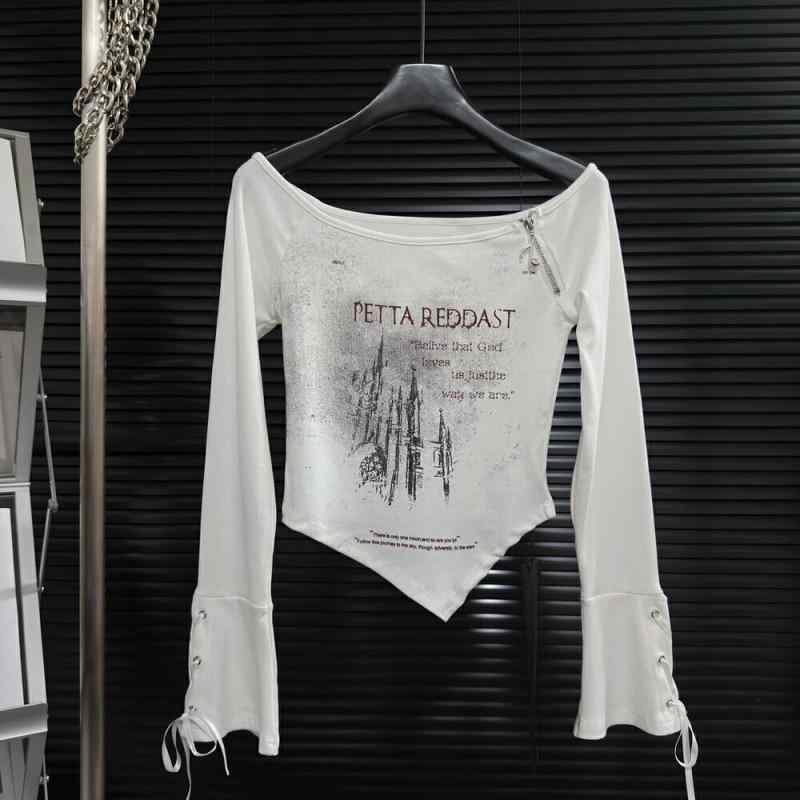 Tシャツ レディース 秋冬 長袖 ゆったり トップス デザイン カットソー 不規則 セクシー インナー 普段使い・スタイル: 都市風・ネックライン: ラウンドネック・袖丈: 超長袖・カラー: ホワイト, グレー, ブラック・サイズ: S, ...