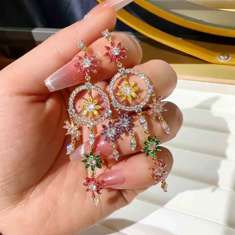 ピアス レディース S925シルバー ジルコニア 花 ロング タッセル イヤリング 上品 エレガント カラフル パーティー