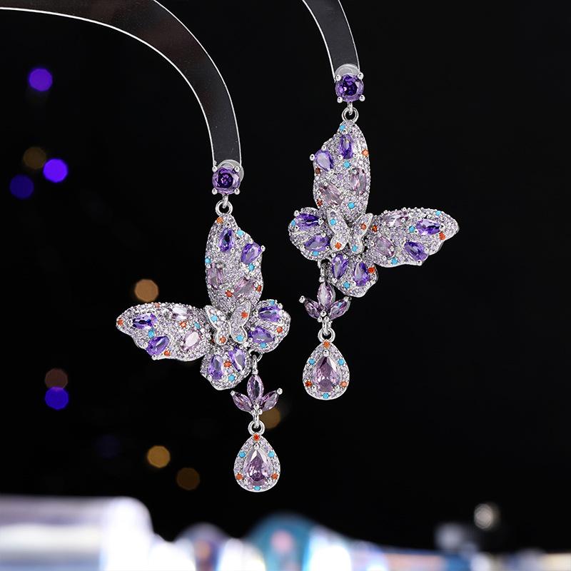 ピアス レディース s925シルバー 針 カラフル 蝶 バタフライ モチーフ 小さめ 個性的 かわいい エレガント 豪華感 ロングチェーン デザイン 電気メッキ加工 イヤリング