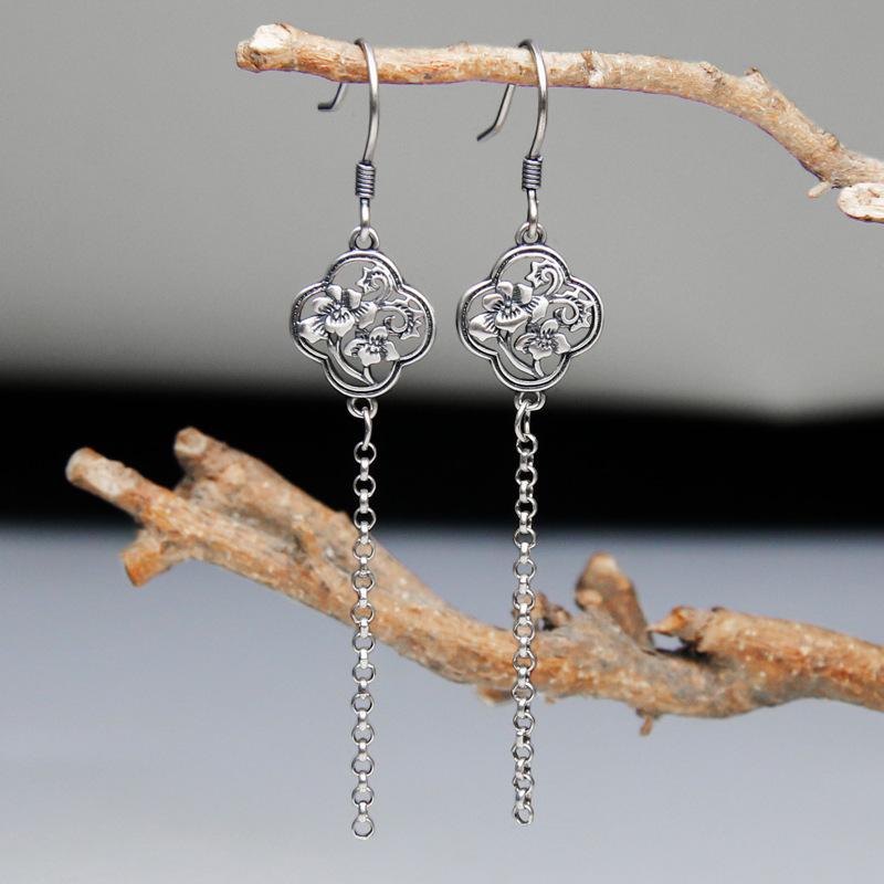 ピアス レディース エスニック調 シルバー925 レトロ フラワー 花 フック 流蘇 タッセル 手作り DIY アクセサリーパーツ