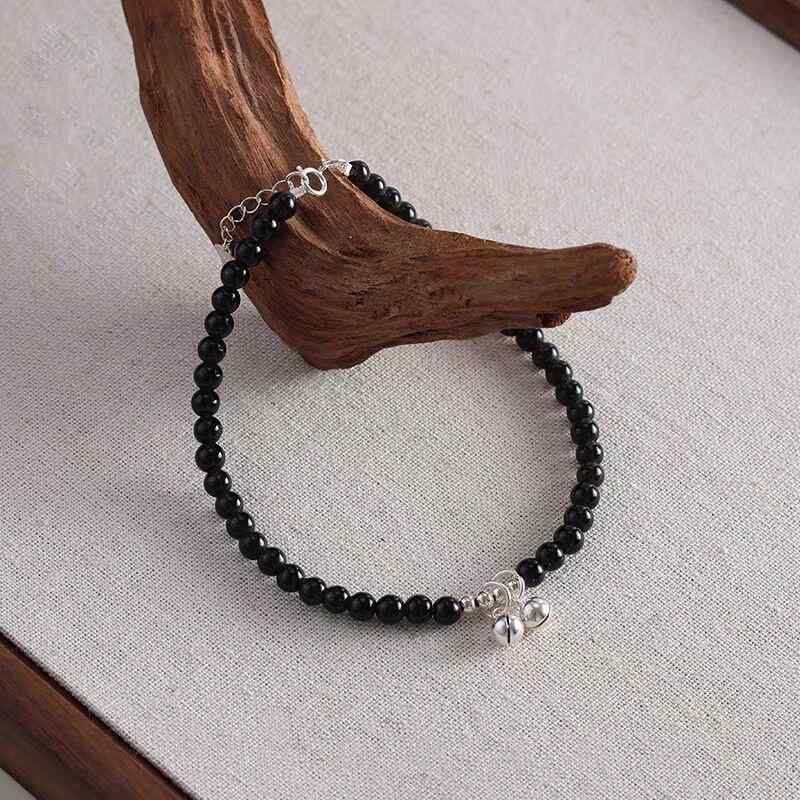 アンクレット レディース 925シルバー 小さな鈴付き 黒曜石 石 古風 シンプル かわいい 個性的な足首チェーン