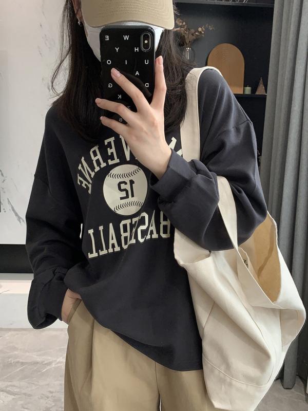 Tシャツ レディース 春秋 長袖 丸首 野球 アルファベット プリント ゆったり カジュアル 普段使い 部屋着 かわいい