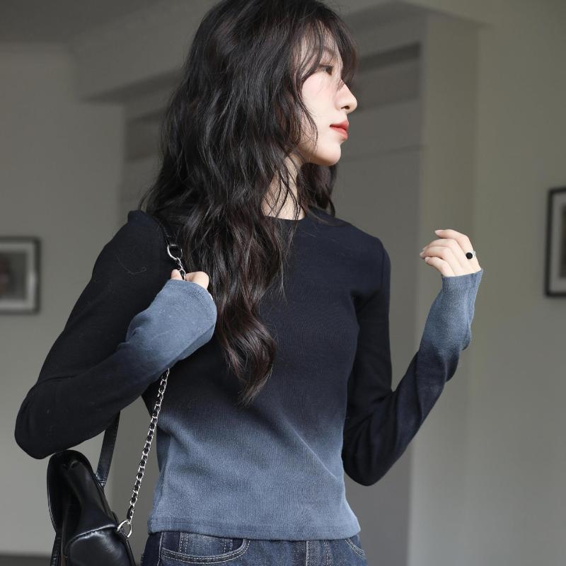 Tシャツ レディース 秋冬 ブラック グラデーション 長袖 スリム タイト インナー ショート丈 トップス