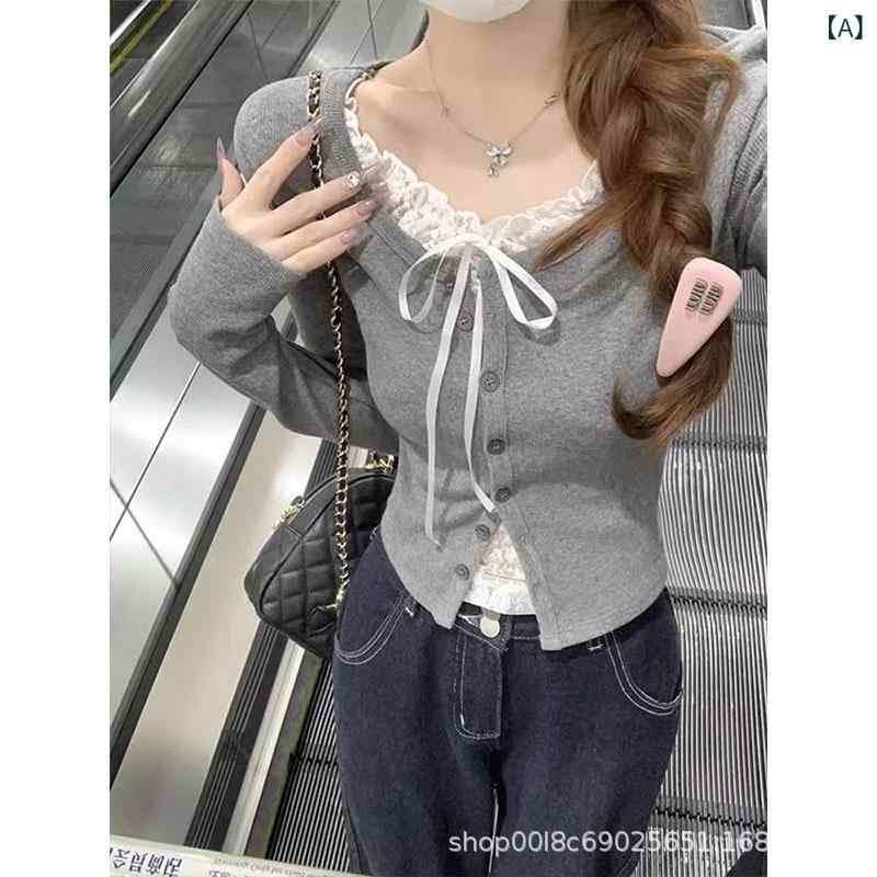 Tシャツ レディース 春物 長袖 レース 切り替え スリム 着痩せ フェミニン トップス・素材: ポリエステル・スタイル: レース, 拼接, 系带・袖丈: 長袖・フィット: スリム・着丈: ミドル丈（50cm～65cm）・ネックライン: ラ...