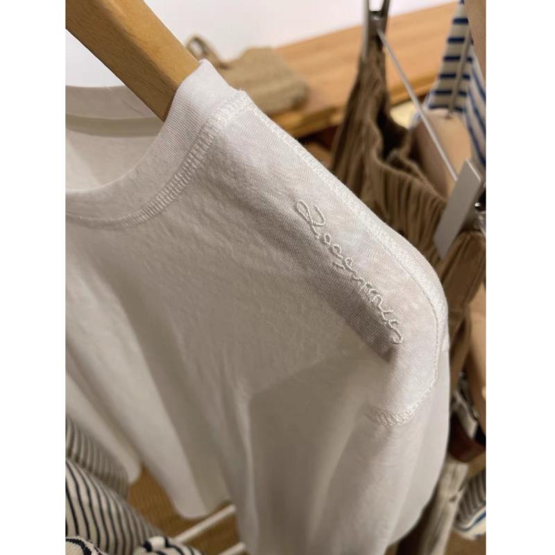 Tシャツ レディース ゆったり 薄手 ラウンドネック 長袖 雪花綿 刺繍 ワンポイント ロゴ シンプル 刺しゅう リラックス ウェア 接触冷感 トップス カットソー