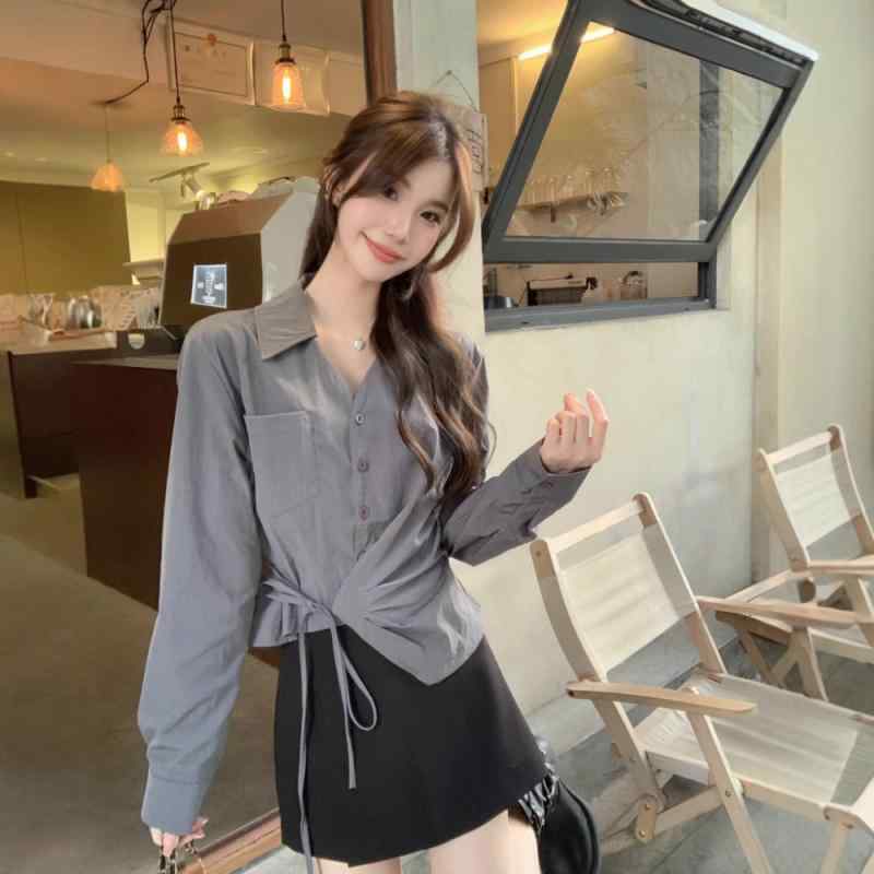 シャツ レディース 韓国 Vネック デザイン 長袖 ブラウス トップス 腰紐 調整可能 ショート丈 きれいめ フェミニン オフィスカジュアル 上品 秋冬