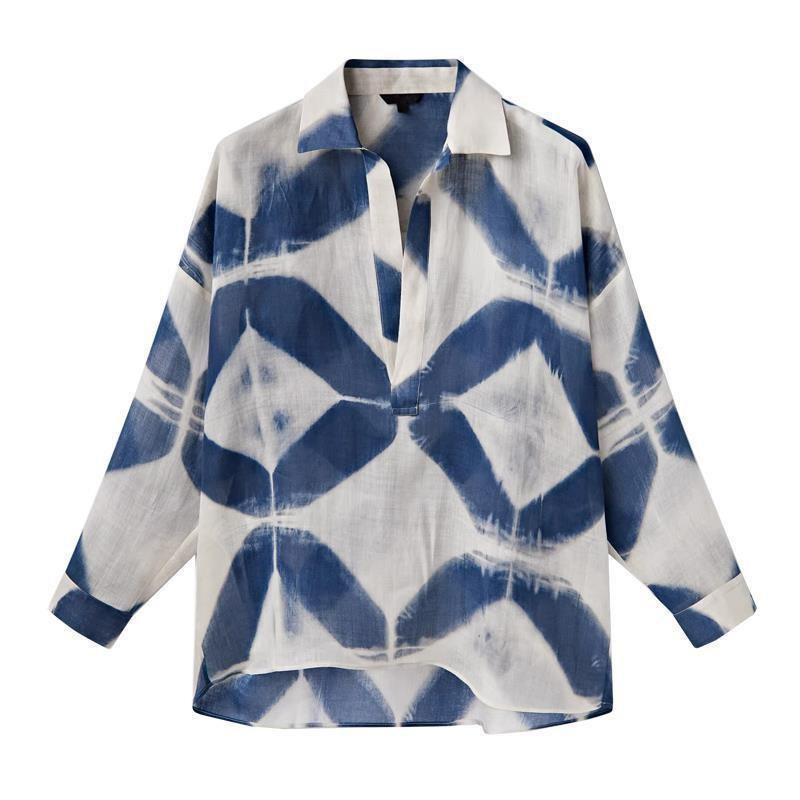 シャツ レディース 長袖 亜麻 リネン ポロ襟 ブルー 青 プリント トップス ブラウス 春秋 薄手 涼しい おしゃれ きれいめ 通勤 オフィス カジュアル