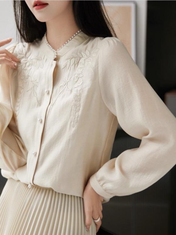 シャツ レディース 中国風 スタイル 通気性 天糸 刺繍 長袖 パール スタンドカラー ブラウス トップス