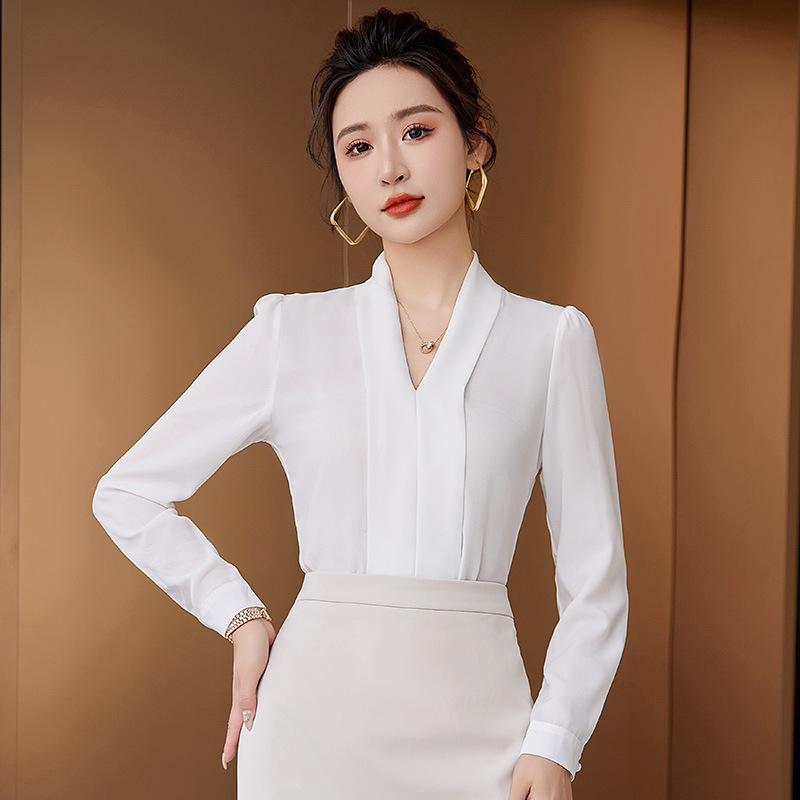 シャツ レディース 長袖 Vネック プルオーバー スリム トップス 美容師 ワークウェア 白 無地 シンプル 上着