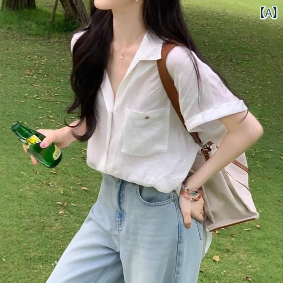 シャツ レディース 綿 麻 半袖 ブラウス フレンチスタイル ゆったり ギャザー シンプル レッド 赤 トップス 春夏 接触冷感 吸湿速乾 普段使い・主な素材: 麻・柄: 無地・スタイル: カーディガン・袖丈: 半袖・フィット: レギュラー...