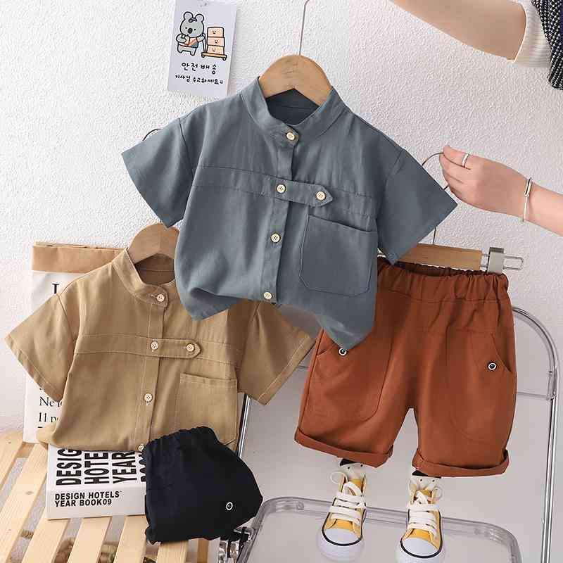 シャツ キッズ 男の子 半袖 夏服 個性的 ボタン 無地 シャツ 2点セット 子供服 上下セット 卸売