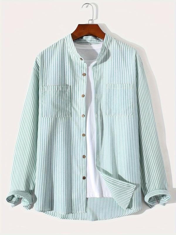 シャツ 男性用 トップス・生地: 麻類混紡・素材機能: 通気性, 洗濯機洗い可, 吸湿速乾・生地密度: 20番手・・デザイン: カーディガン・フィット: ゆったり・ネックライン: スタンドカラー・袖丈: 長袖・柄: ストライプ・・ディテール...