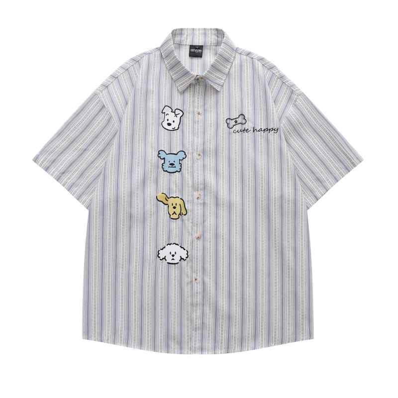 シャツ 男女兼用 ストライプ柄 刺繍 レトロ風 カジュアル ゆったり カップル お揃い トップス[ "・素材: ポリエステル繊維", "・素材機能: 透湿", "・スタイル: レトロ&quo...