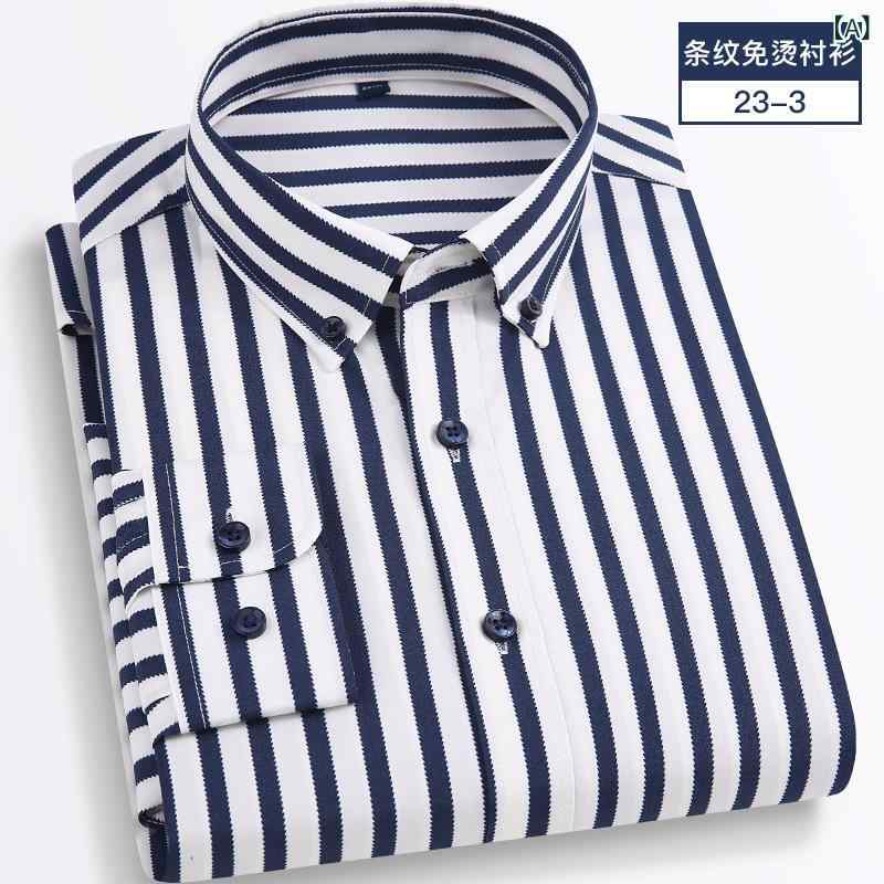 シャツ メンズ 男性用 長袖 ストライプ 韓国 スリム ビジネス カジュアル 快適 イージーケア トップス