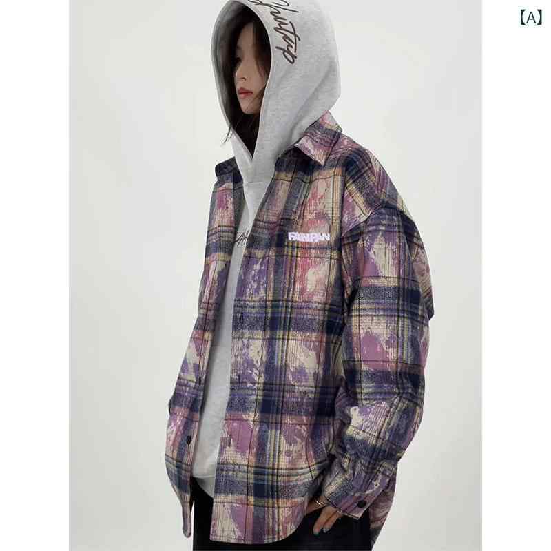 シャツ メンズ 男性用 豪華感 長袖 格子柄 格子模様 絞り染め 美品 アメカジ アメリカン レトロ トップス アウター 羽織り ブルー パープル