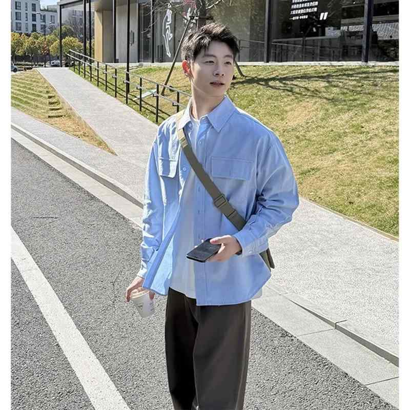 シャツ メンズ 男性用 長袖 少年感 ワークシャツ 薄手 アウター 接触冷感 ブルー系 きれいめ