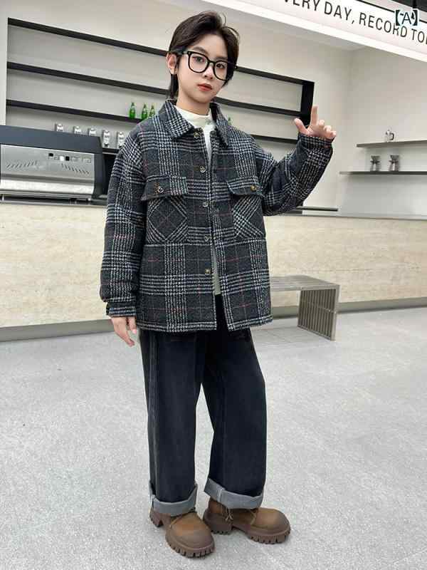 コート キッズ 男の子 チェック柄 ウール 秋冬 アウター シャツ 厚手 裏起毛 ゆったり 子供 上着 子供服 ウールコート