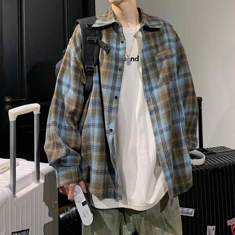 シャツ 男性用 レトロ 磨き加工 グラデーション 格子柄 長袖 トップス ルーズフィット シャツジャケット