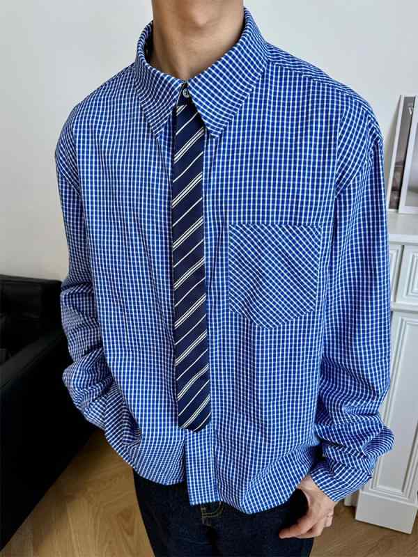 シャツ メンズ 男性用 長袖 格子柄 デザイン 襟付き ブルー アウター 豪華感 アメリカン カジュアル